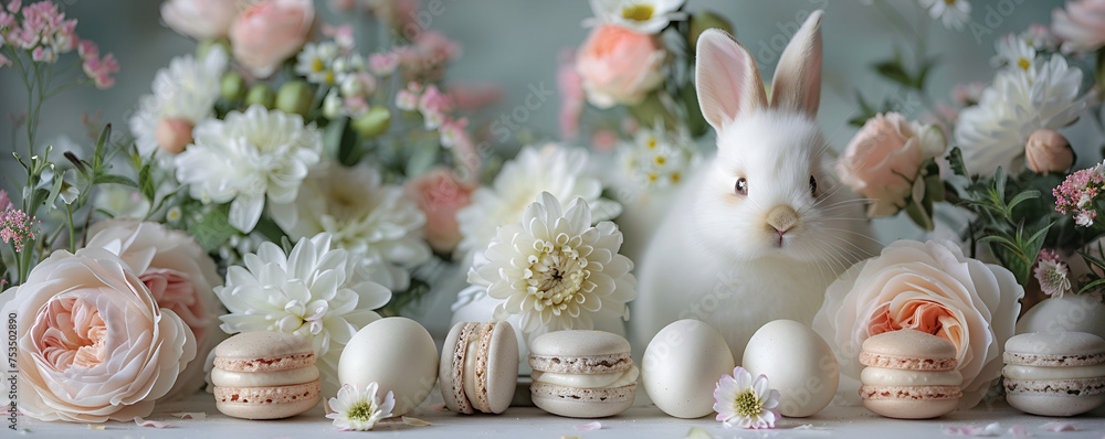 Cute Fluffy White Rabbit Surrounded by Flowers and Easter Eggs and ...