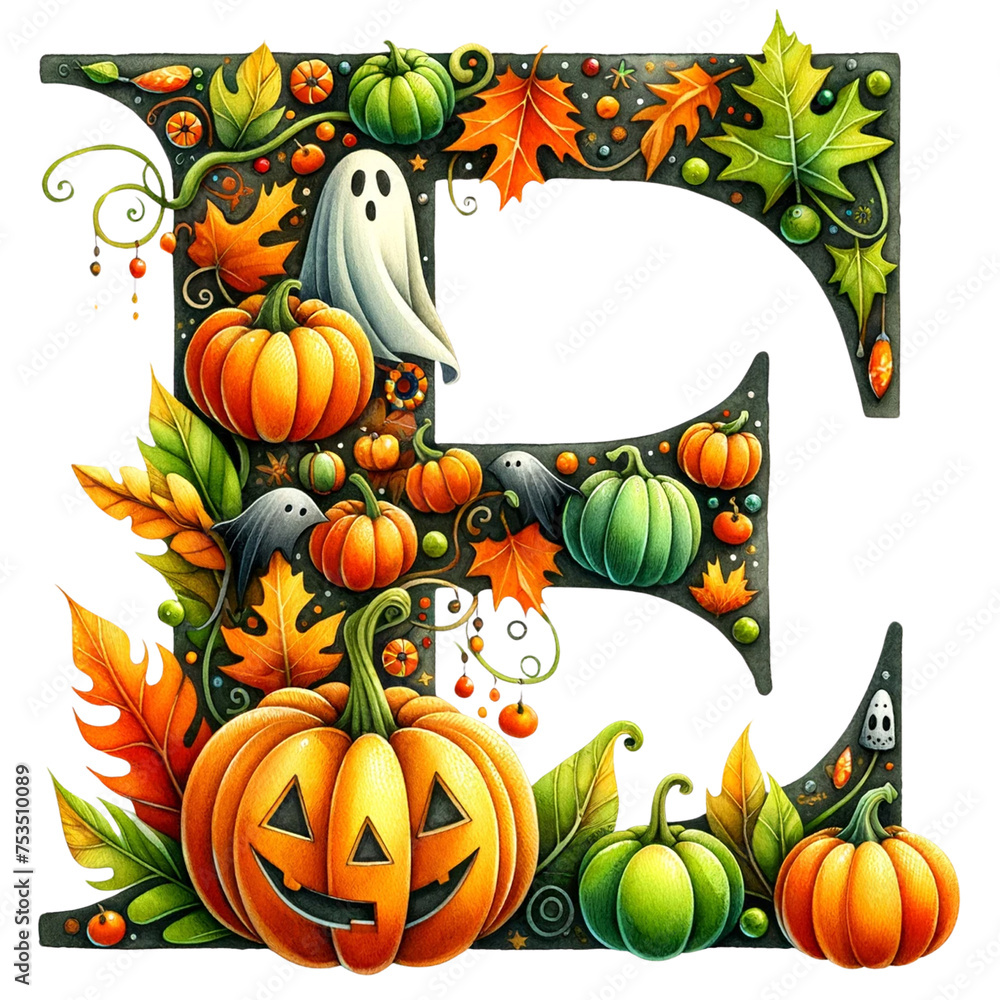 Watercolor letter "E" with Halloween Pumpkin Patch clipart, hand drawn ...