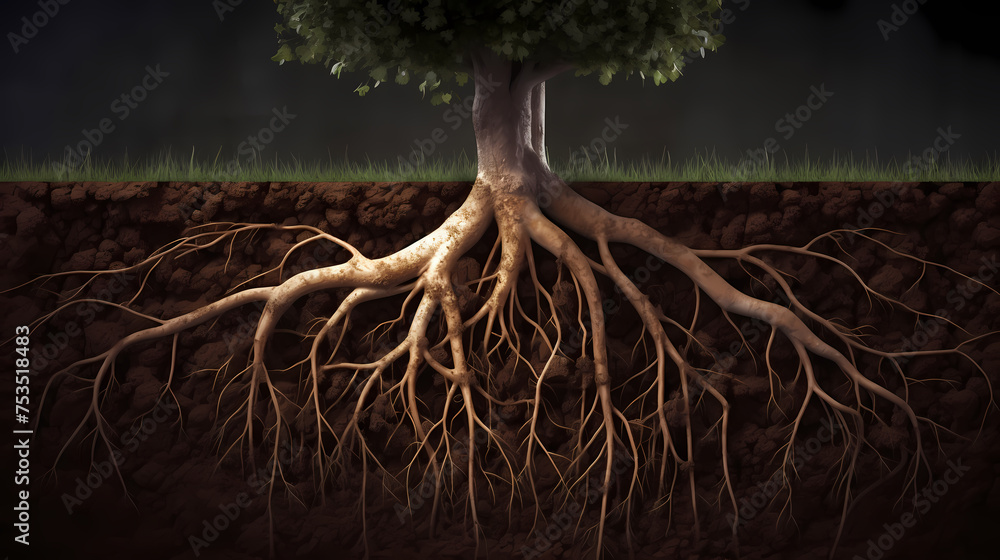 Root system of a tree growing underground, soil cross section Stock ...