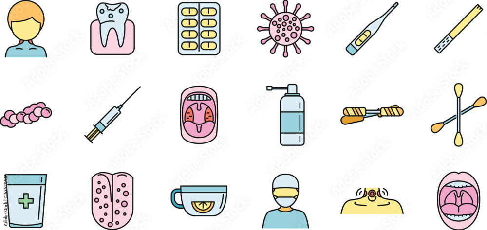 Tonsillitis icons set outline vector. Tonsil anatomy. Mouth throat ...