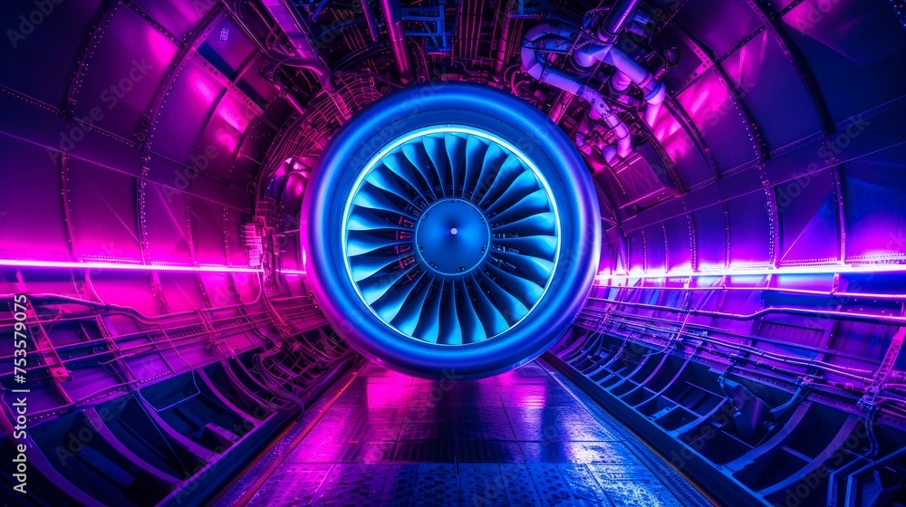 Complex aircraft jet engine, featuring vibrant pink and blue hues cast ...
