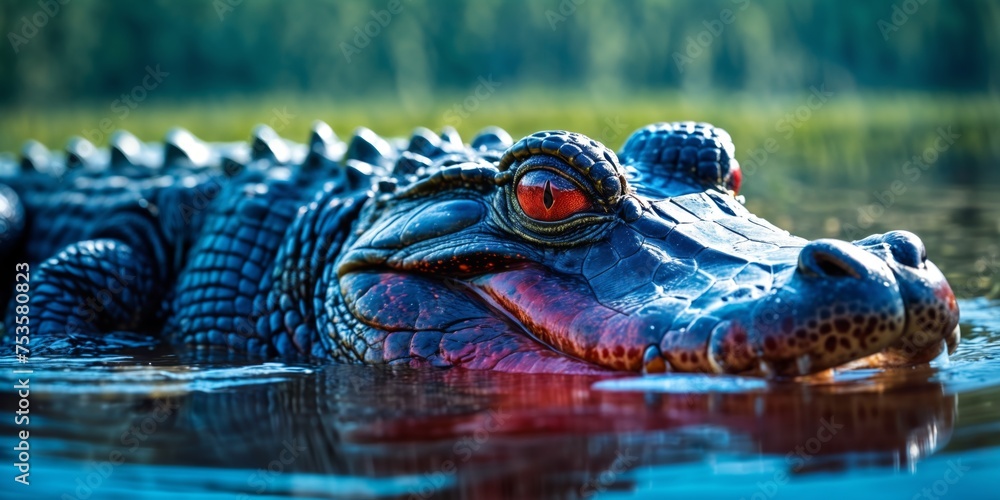 large alligator with red eyes floating in a body of bloody water Stock ...
