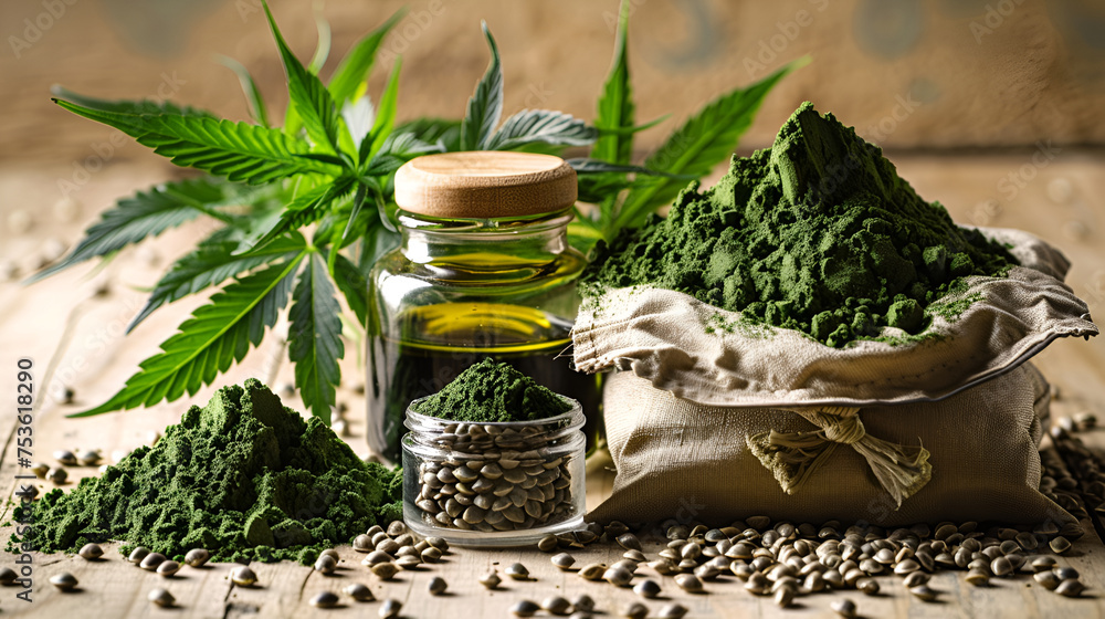 Hemp oil, seeds, and powder on a natural backdrop, displaying the full ...