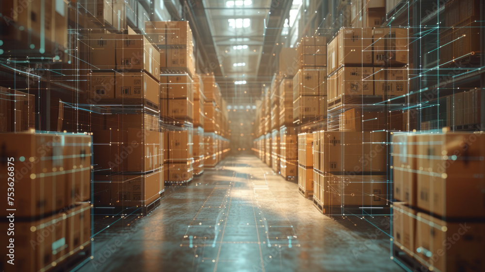 A modern warehouse interior with rows of shelves stocked with cardboard ...