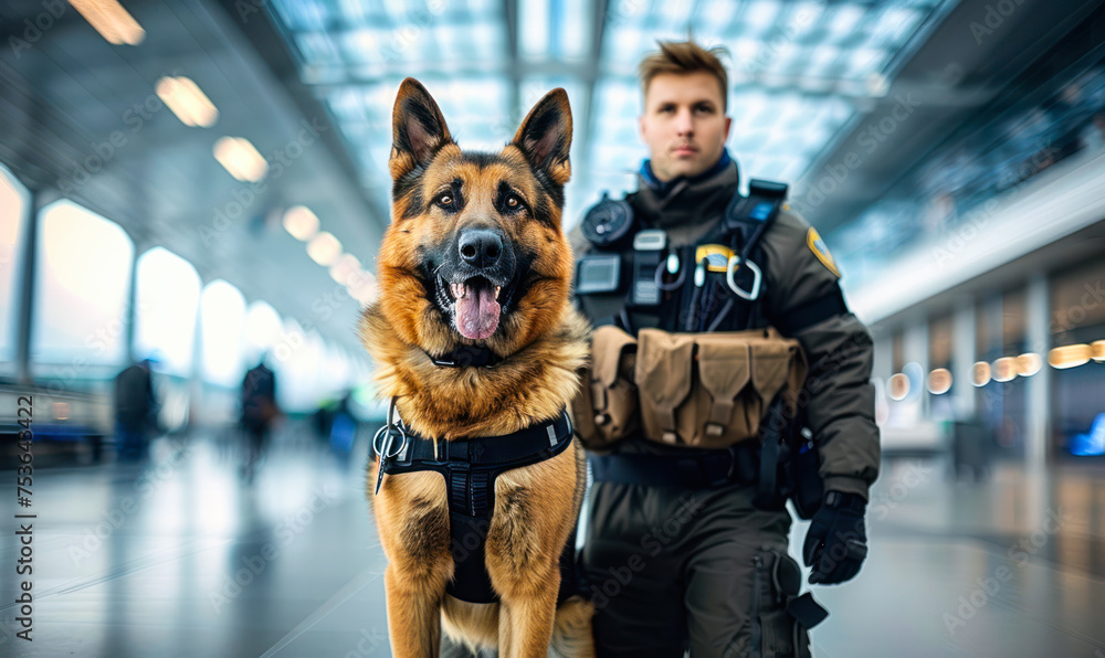 Confident police officer in uniform with a trained German Shepherd dog patrolling a busy airport ...