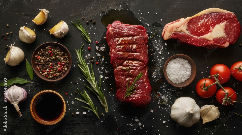 Meat steak and seasoning ingredients in an aesthetically pleasing ...