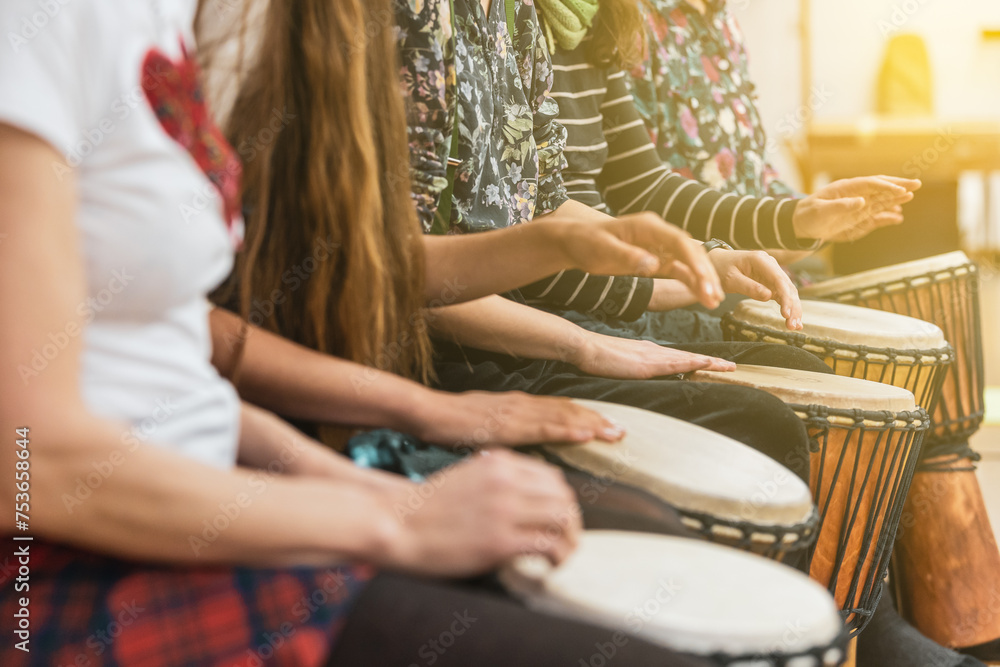 Music therapy concept, a group of people playing different types of ...