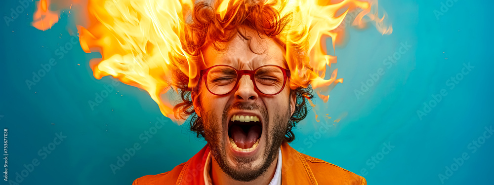 burnout syndrome, Man with fiery hair screaming on blue background ...