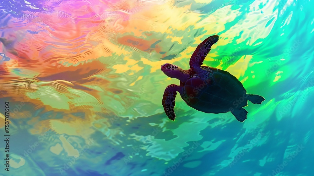 Sea turtle silhouette against an underwater rainbow created by the ...