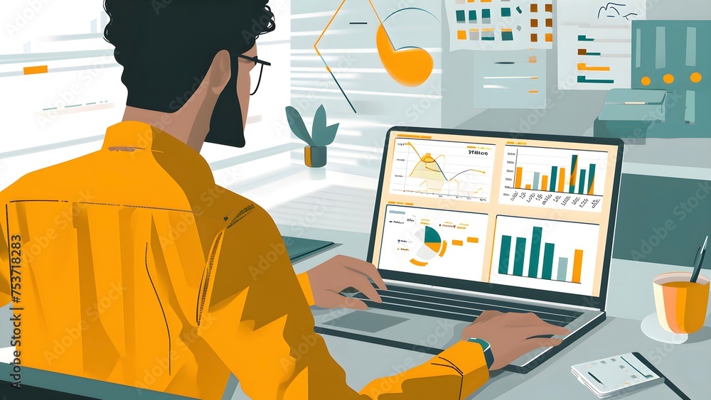 Cartoon illustration of person working on computer at desktop. Graphs ...