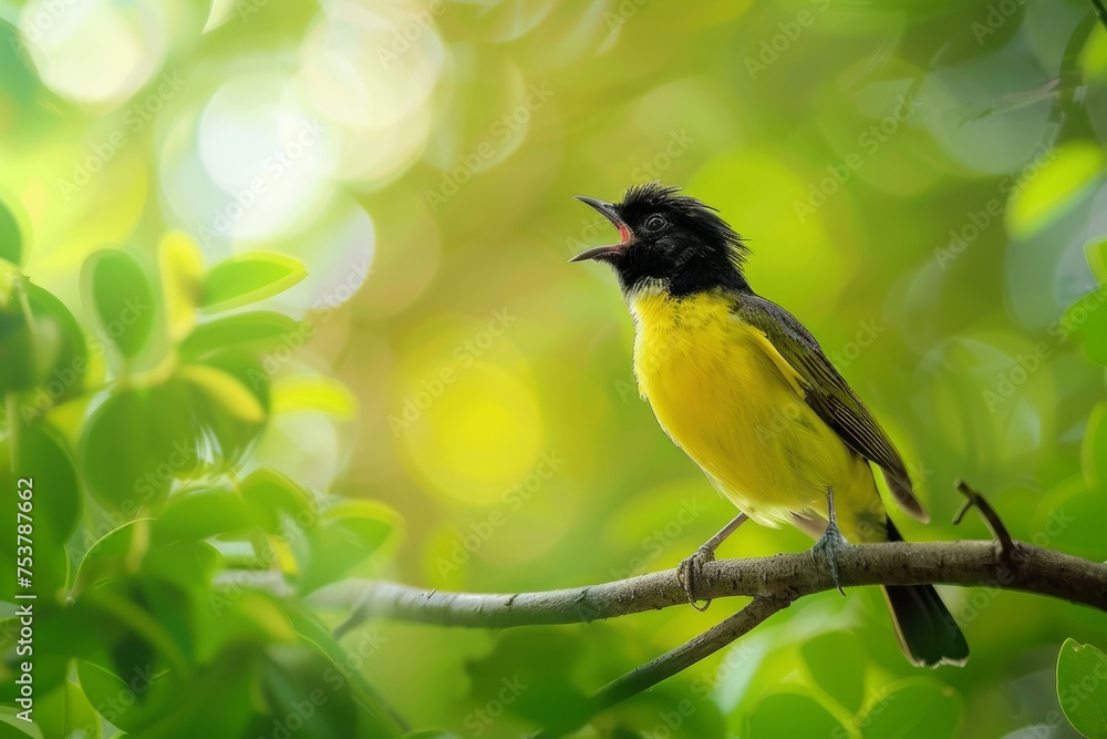 Black-crowned yellow bird singing on a tree branch in a summer garden ...