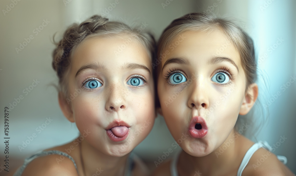 Two young rude girls with big blue eyes making funny faces and ...