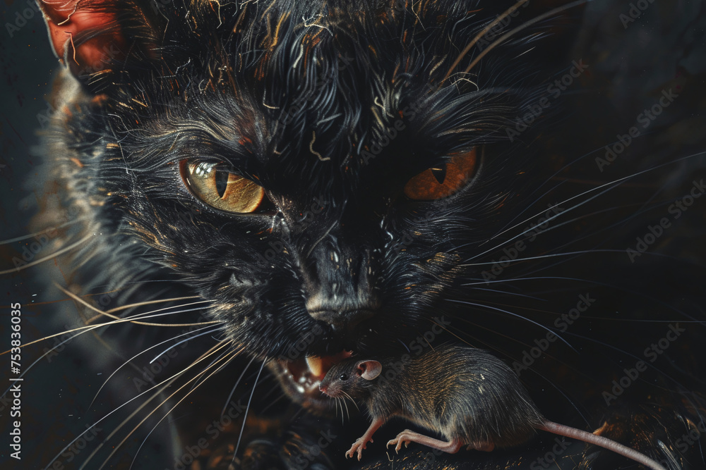 Angry, black cat with a mouse in its mouth, hunting for mice Stock ...
