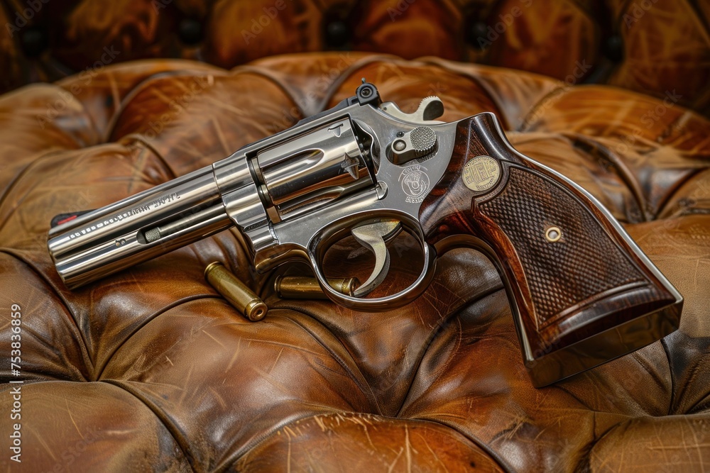 A 357 Caliber Revolver and gold pistol were on the brown leather sofa ...