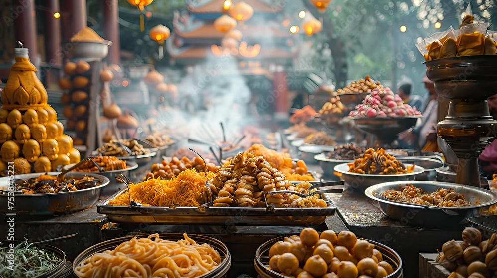 At a Buddhist temple, worshippers offer food as an act of reverence ...