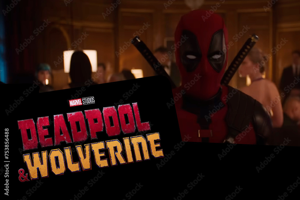 Logo of Deadpool and Wolverine movie on phone screen with movie trailer ...
