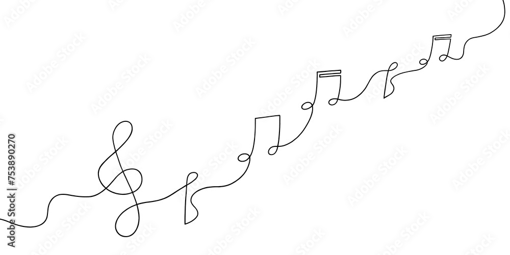 Single continuous line drawing of music notes and treble clef. Hand ...