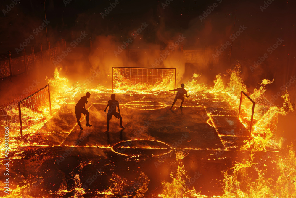 A fiery soccer arena--waves of flames lick the edges of the pitch ...