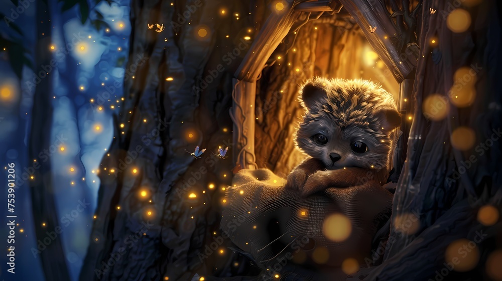 Nestled in a cozy treehouse, the adorable creature watches as fireflies ...