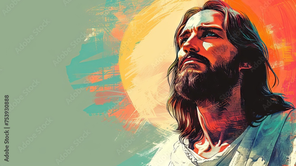 Jesus Christ with radiant halo on light background. Biblical figure ...