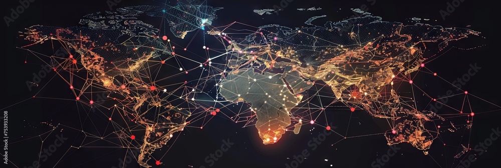World map with glowing connectivity lines for ethernet cables and fibre ...