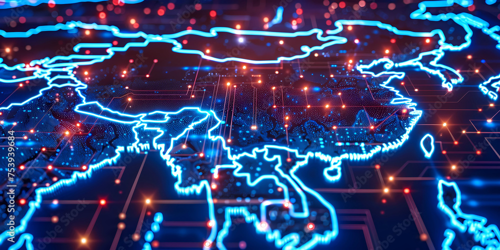 Digital map of China, concept of East Asia global network and ...
