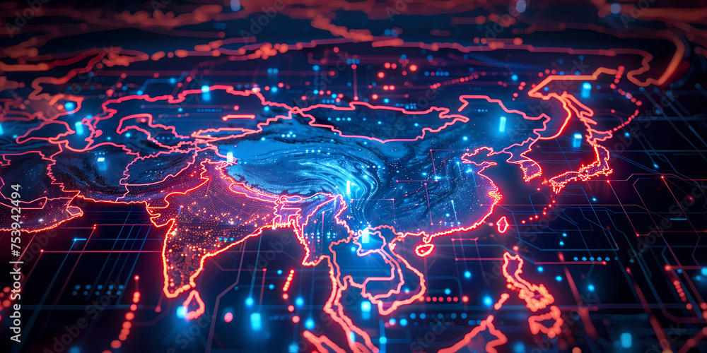Digital map of China and India, concept of Asian global network and ...