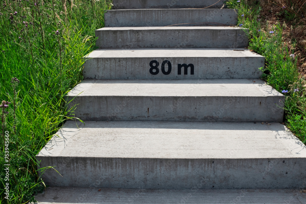 Concrete stairs with number symbol typographic mark "80 meters" Stock ...