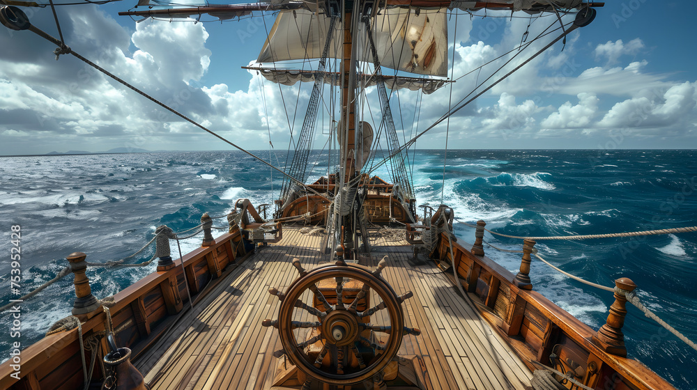 View of the deck from behind the ships wheel on an old pirate sailing ...