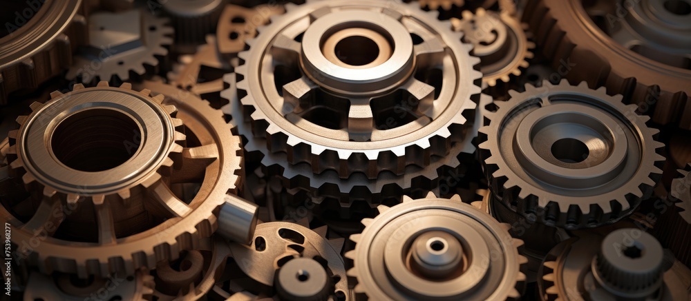 This close-up shot showcases a bunch of gears, spindles, and splines ...