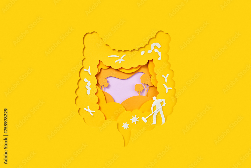 Man cleaning bacterias in papercraft human digestive system Stock Photo ...