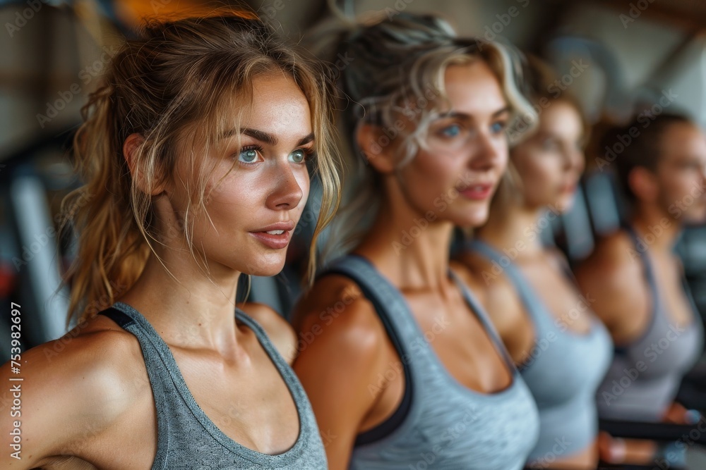 Fit and focused young women engaging in cardio workout on elliptical ...