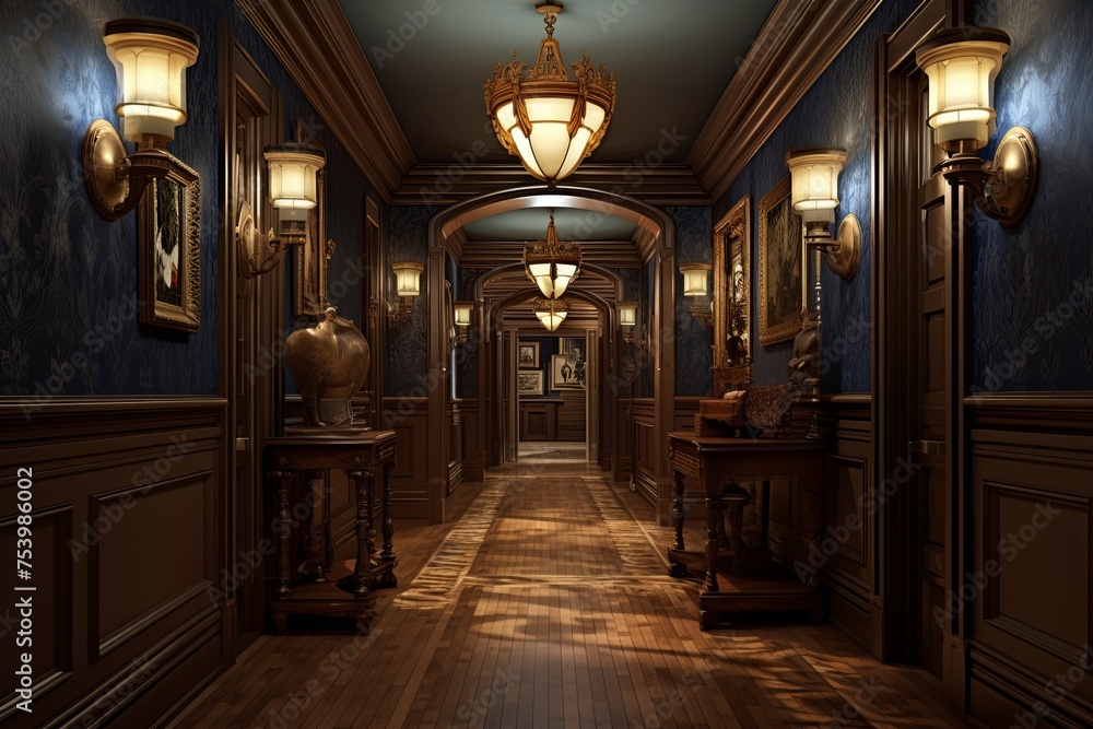 Victorian Heritage Hallway: Artwork, Light Fixtures, and Textures Stock ...