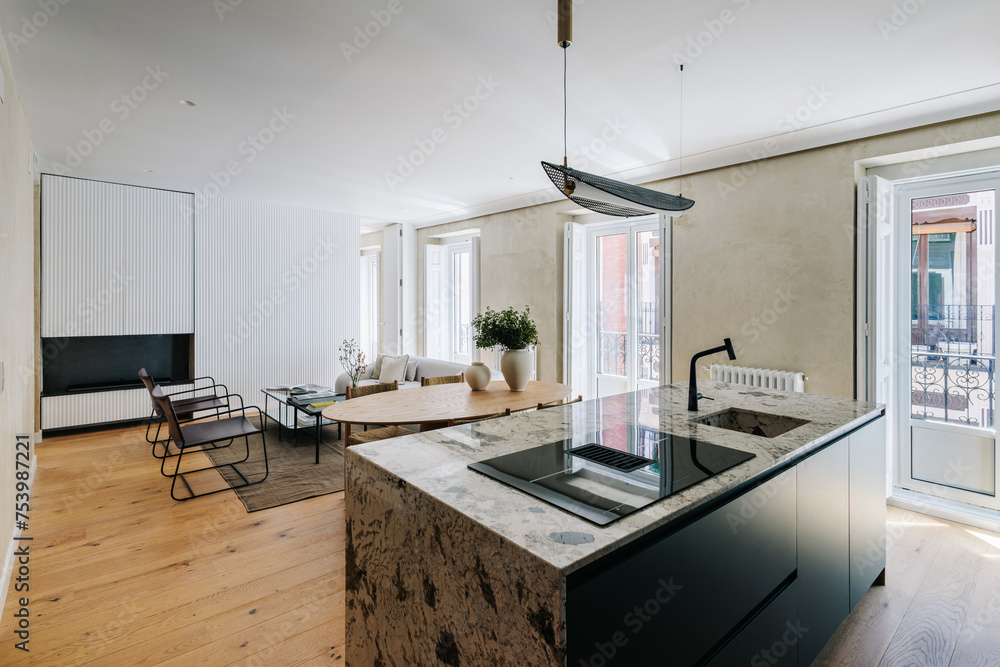 Modern luxurious marble cascade kitchen island Stock Photo | Adobe Stock