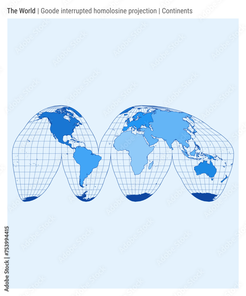 World Map. Goode interrupted homolosine projection. Continents style. High Detail World map for ...