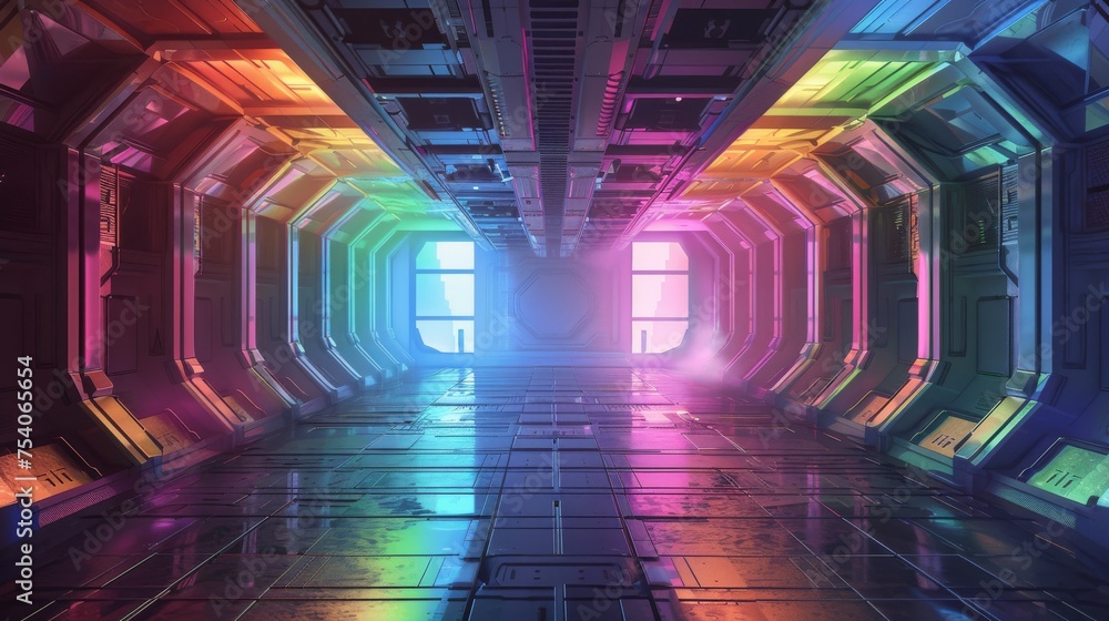 Empty Giant Spacecraft Hall with Rainbow Tone Color Palette ...