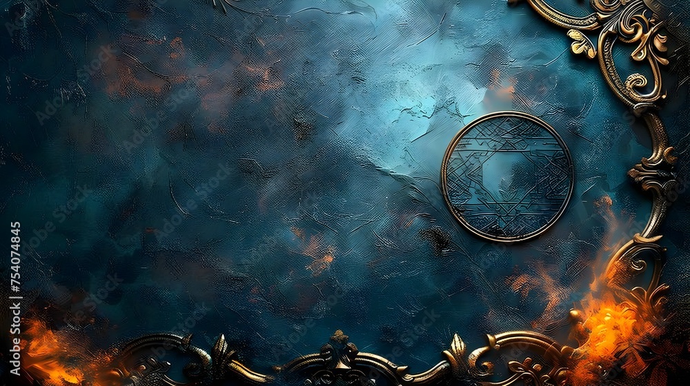 Dark Fantasy Game Background with Ornate Metal Frame and Fire Circle ...