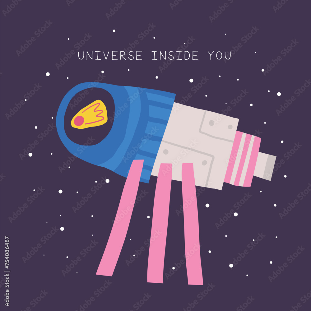 Cute space postcard with funny hand drawn doodle telescope, comet, star ...