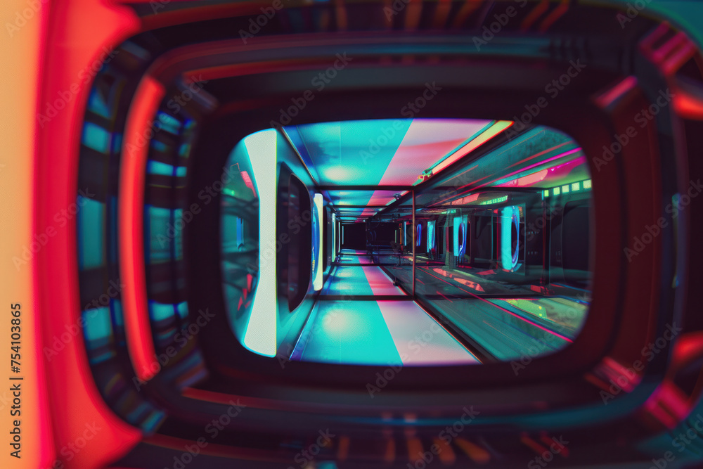 Abstract illustration of a long corridor in retro 3d red and blue ...