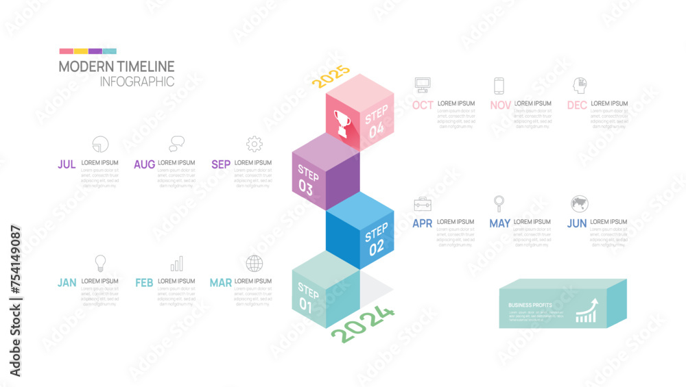 Business step timeline infographic box template. Modern milestone ...