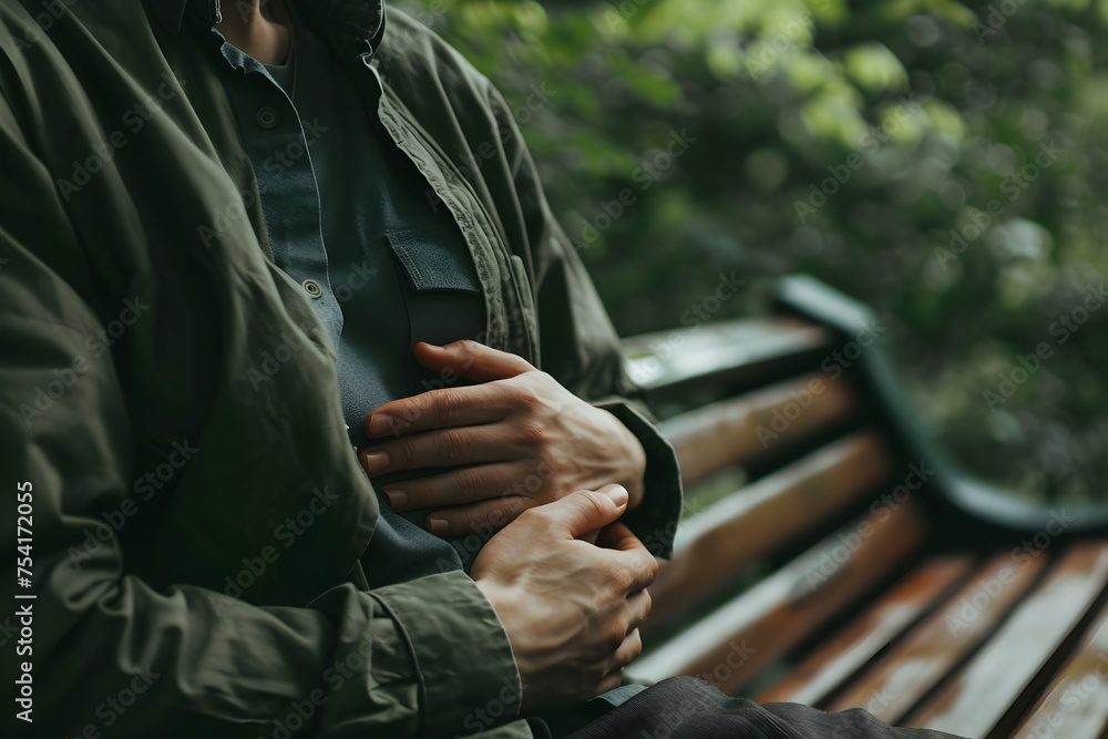 A person sitting on a park bench, their body slightly hunched forward ...