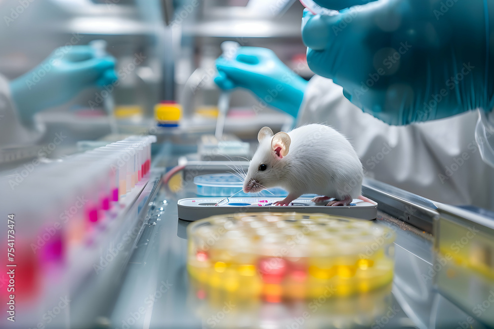 A focused scene inside a biosafety cabinet, where a white laboratory ...