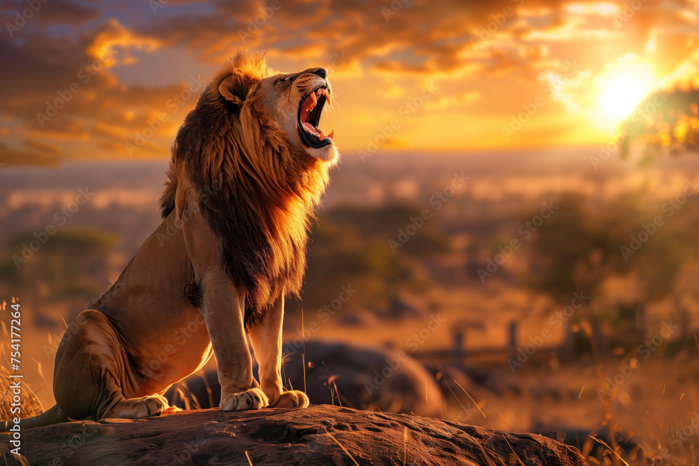 Lion roaring at sunset Stock Photo | Adobe Stock