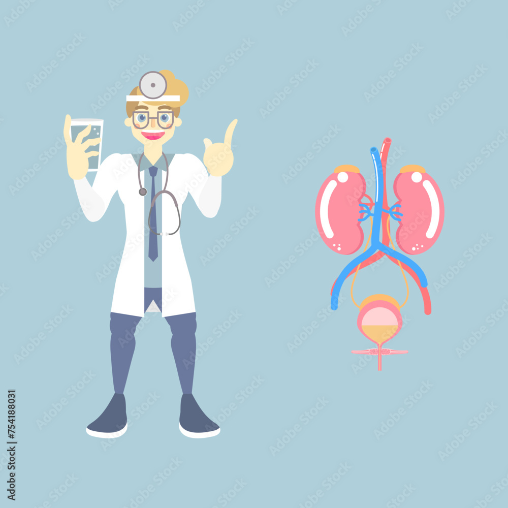 doctor drinking water with kidney and bladder urinary system, internal ...