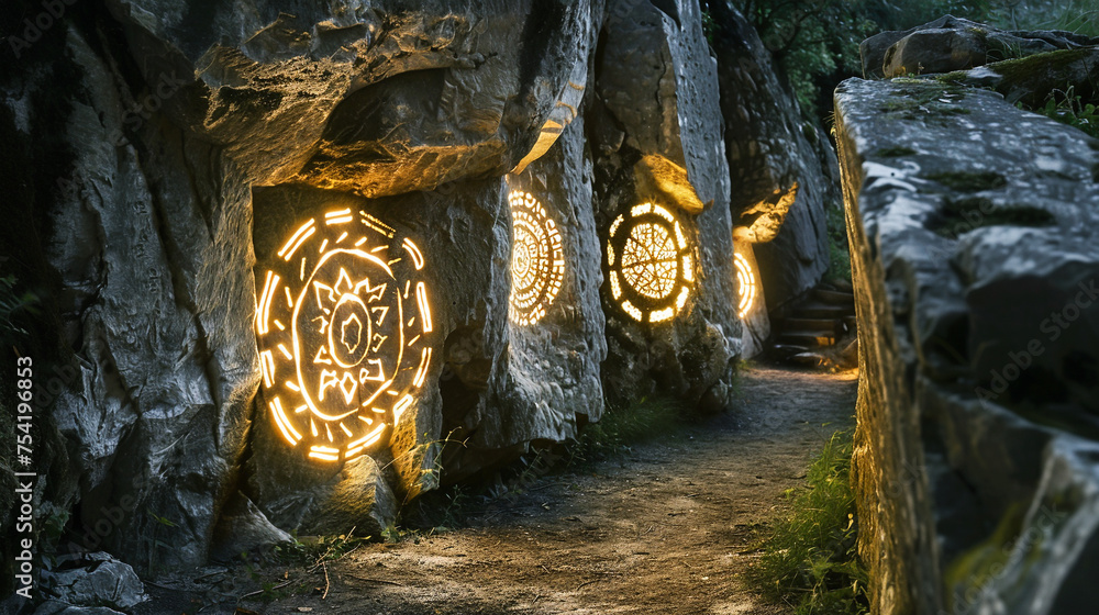 Luminescent symbols carved into megaliths by witches illuminating a ...