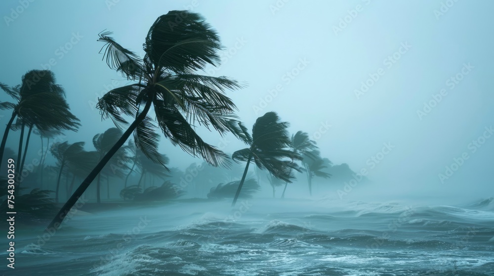 Extreme weather conditions. Very strong wind blows palm trees on island ...
