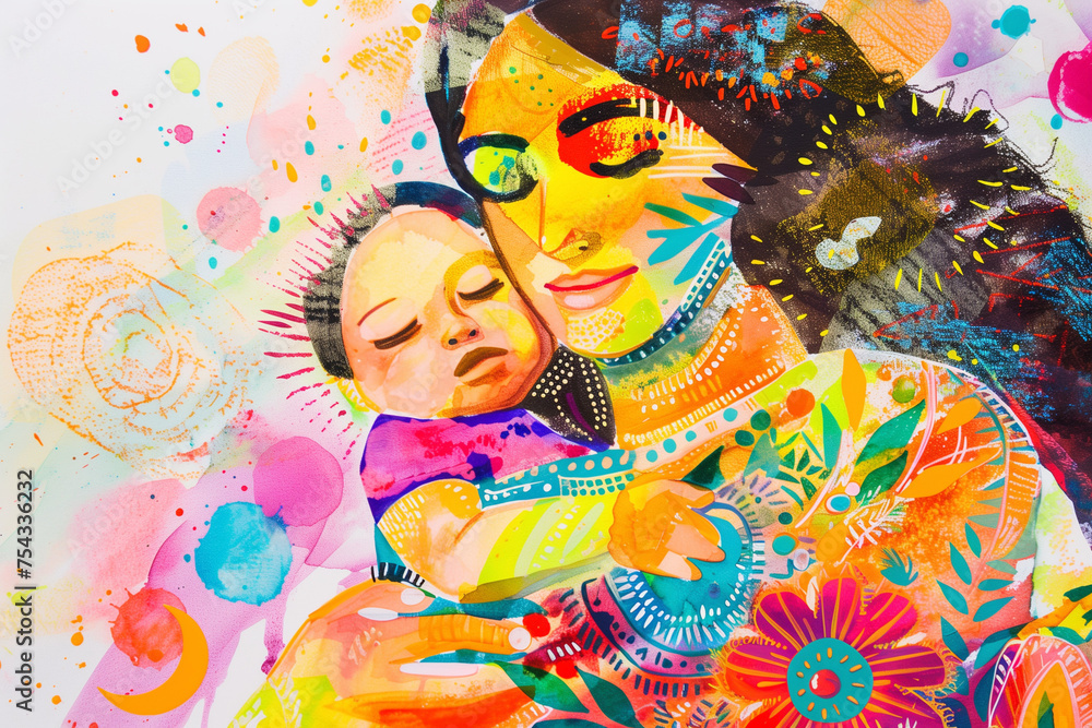 diverse mom and baby with flowers for mother's day, modern mixed media ...
