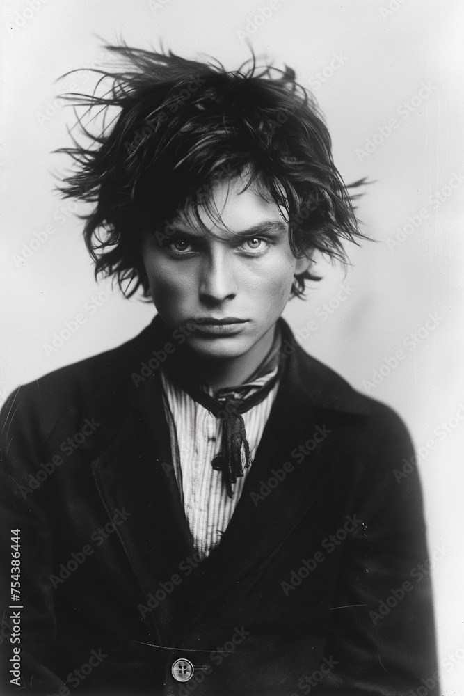 portrait of a young white crazy man. Old vintage retro scan black and ...