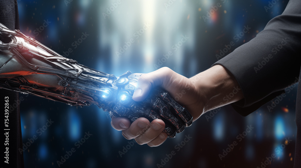 Digital robot handshake with human background futuristic digital age ...