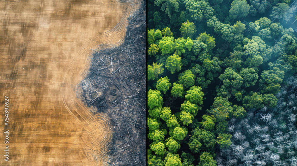 A forest with a yellow line dividing it into two sections. The left ...